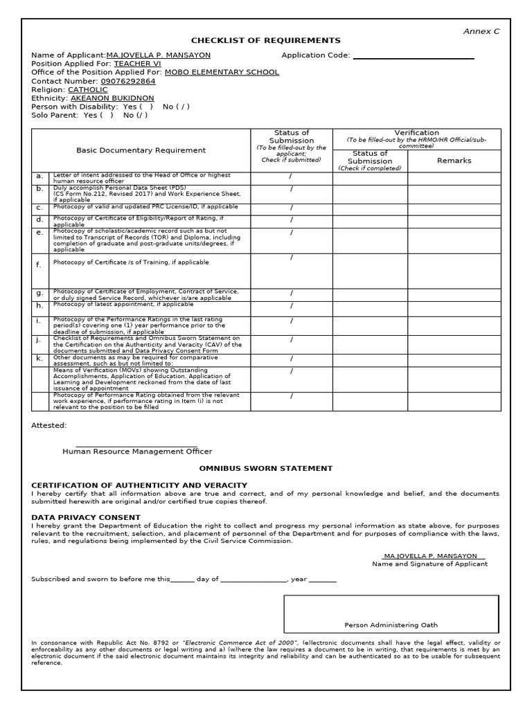 Teacher VI Application Requirements Checklist | PDF | Authentication ...