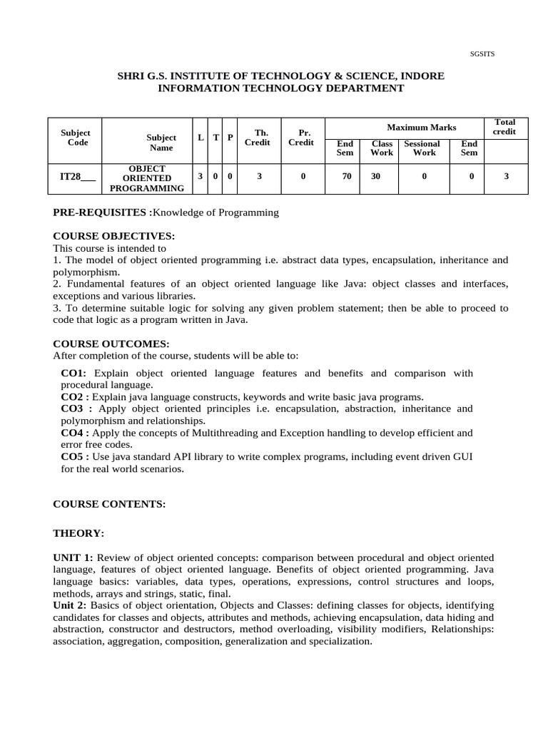 Syllabus Object Oriented Programming | PDF | Class (Computer ...