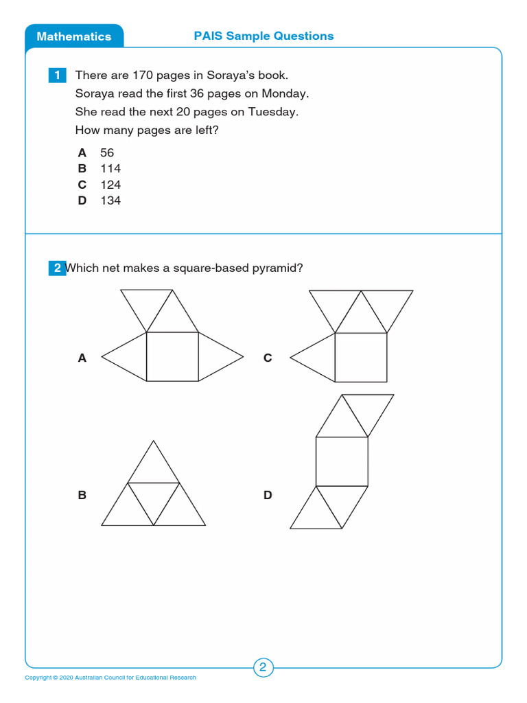 PAIS Mathematics Sample Questions | PDF