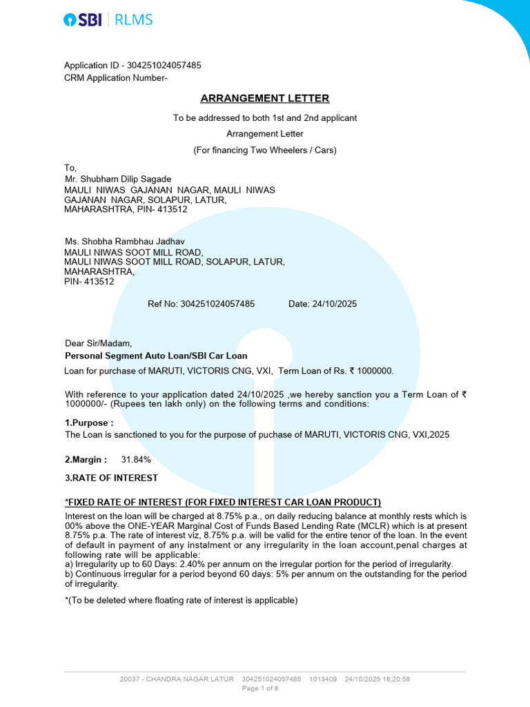 SBI Auto Loan Arrangement Letter | PDF | Interest | Loans