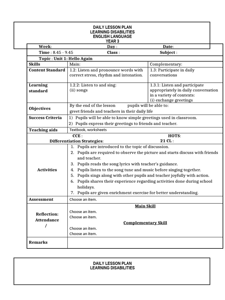 RPH Bi Tahun 3 Pend Khas | PDF | Lesson Plan | Teachers