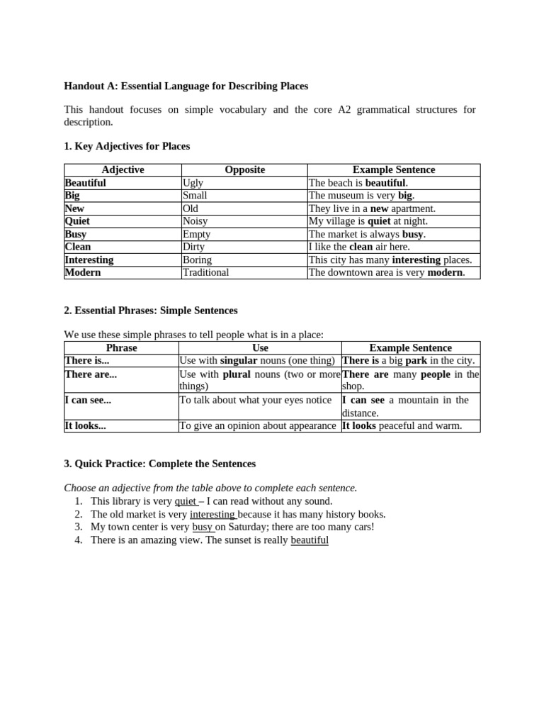 Essential Vocabulary for Describing Places | PDF | Adjective ...
