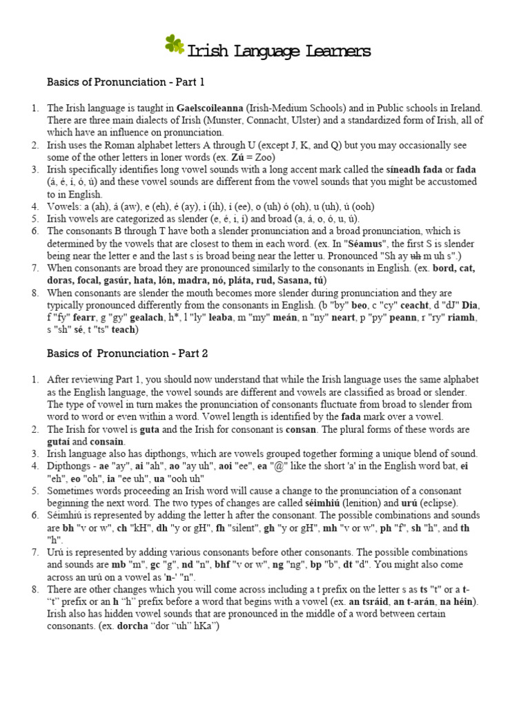 Basics of Pronunciation | PDF | Irish Language | Consonant