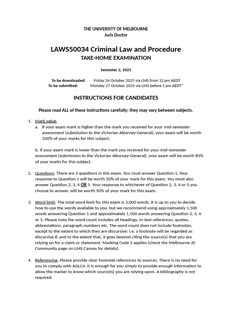 LAWS50034 Criminal Law & Procedure (Sem 2, 2025) - Take Home Exam-3 ...