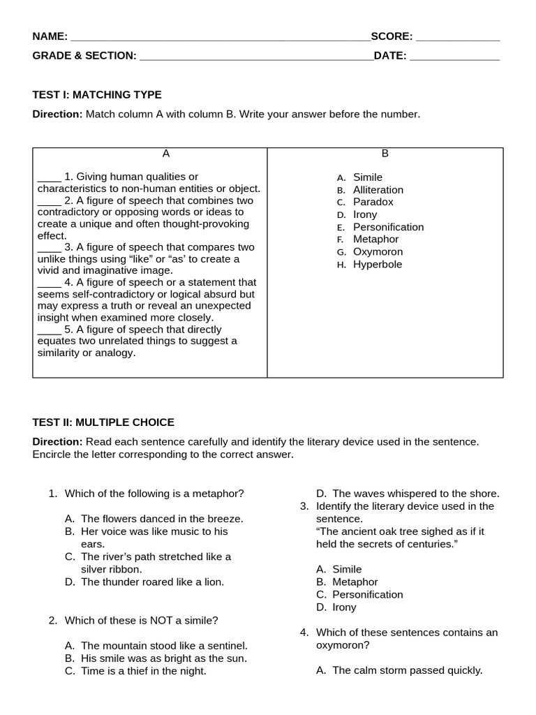 Literary Devices Test and Answer Key | PDF | Metaphor | Linguistics