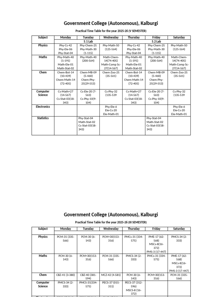 Practical Time Table Vsem | PDF