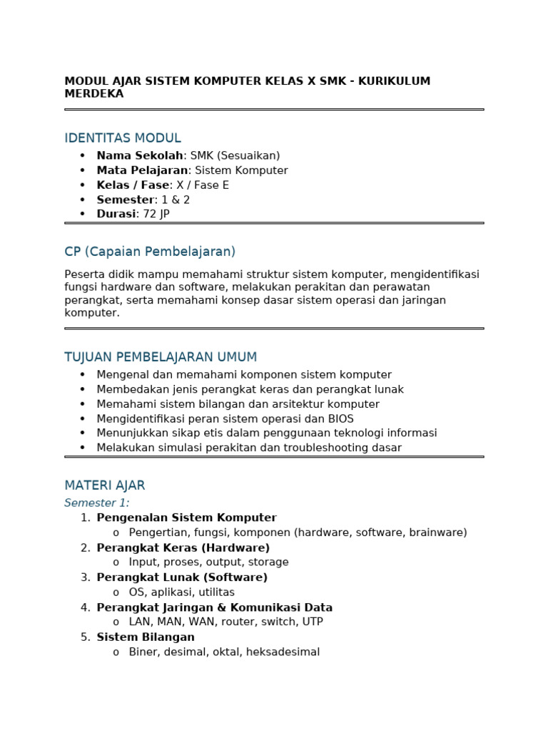 Modul Ajar Sistem Komputer Kelas X SMK | PDF