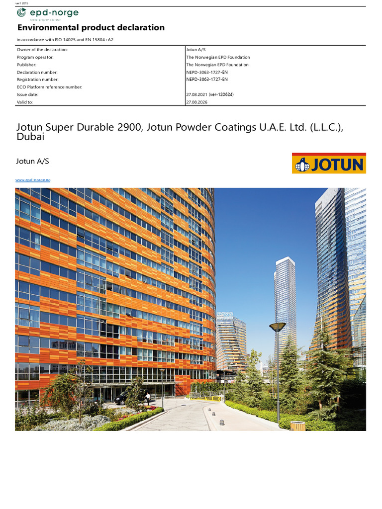 Jotun Super Durable 2900 EPD 2021 | PDF | Life Cycle Assessment | Green ...