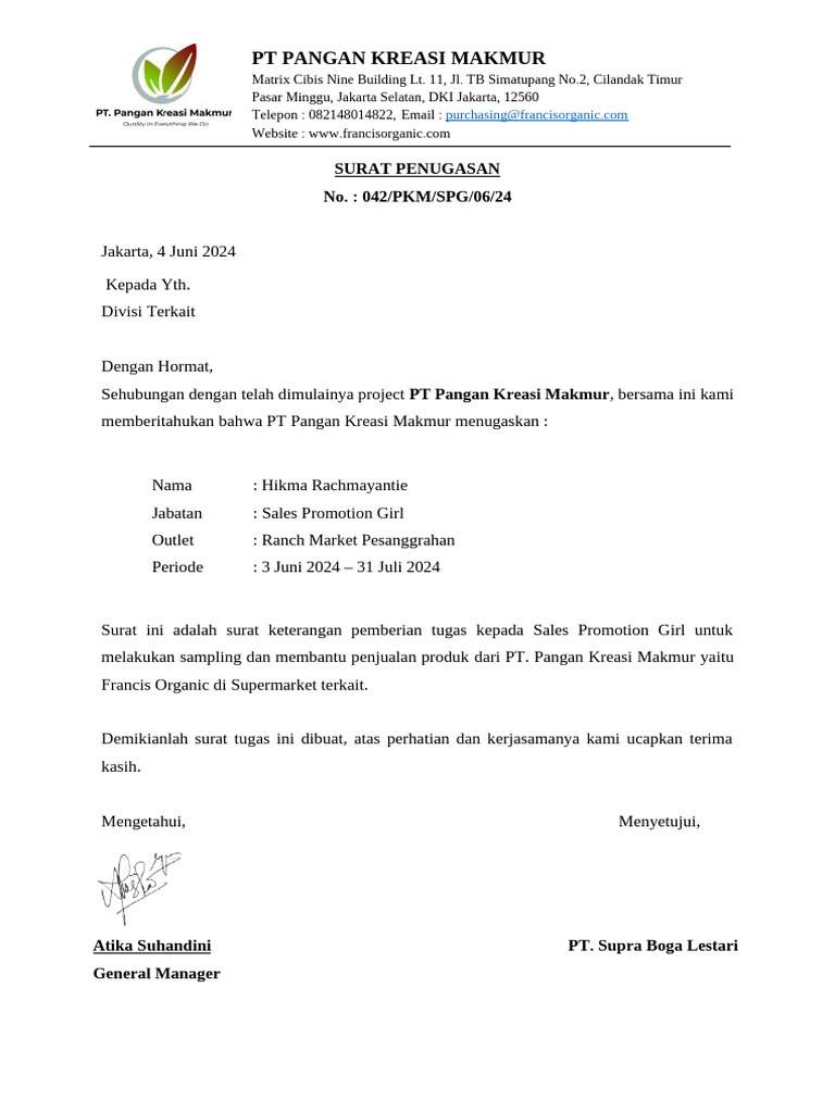 Form Surat Tugas SPG SBL Marcy Superhiro 2024 | PDF