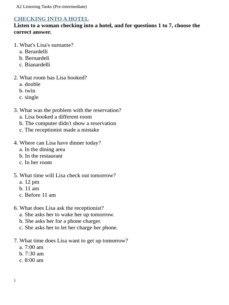 A2 Listening Tasks (Pre-Intermediate) | PDF