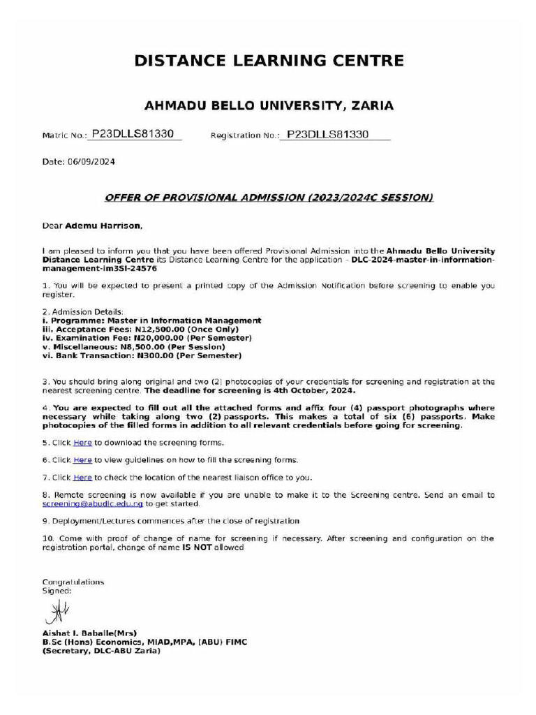 MSC Admission - Letter - HARRISON ADEMU-compressed-compressed | PDF