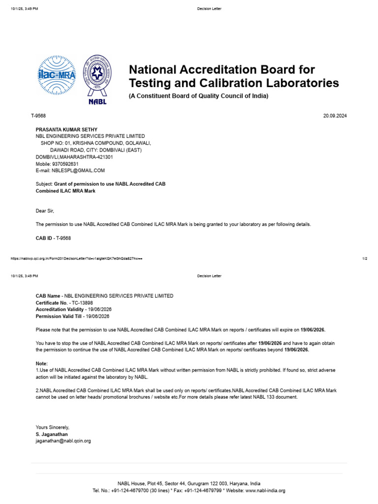 NABL Accreditation Grant for NBL Engineering | PDF | Quality Assurance ...