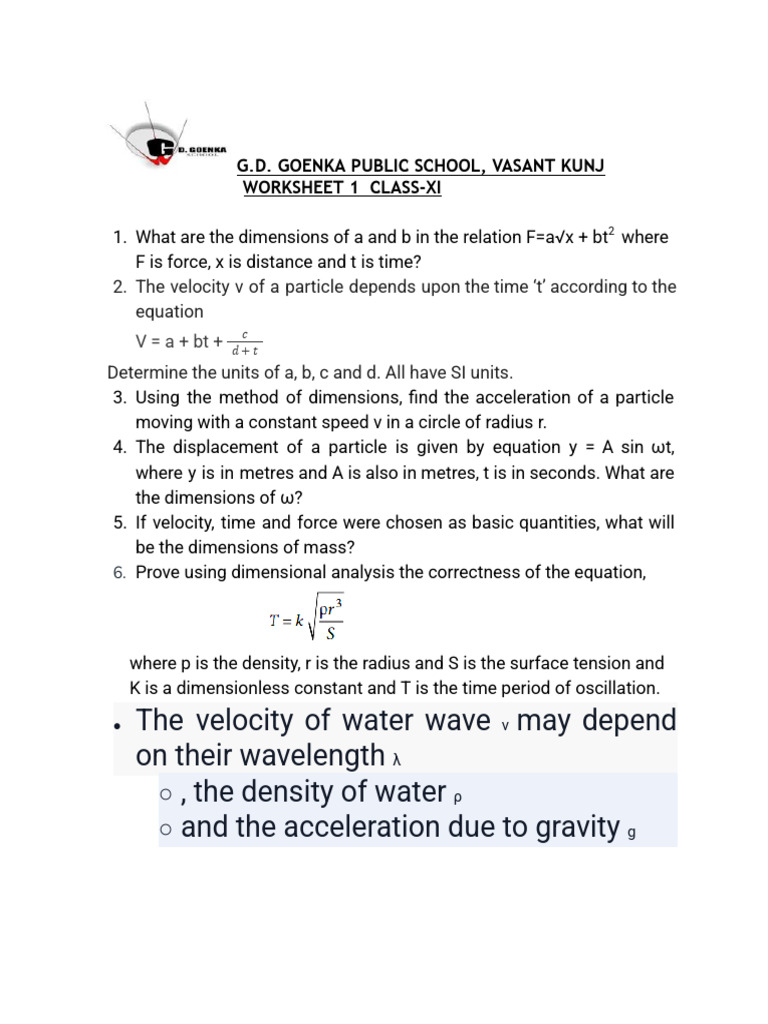 Class XI Physics Dimensional Analysis Worksheet | PDF
