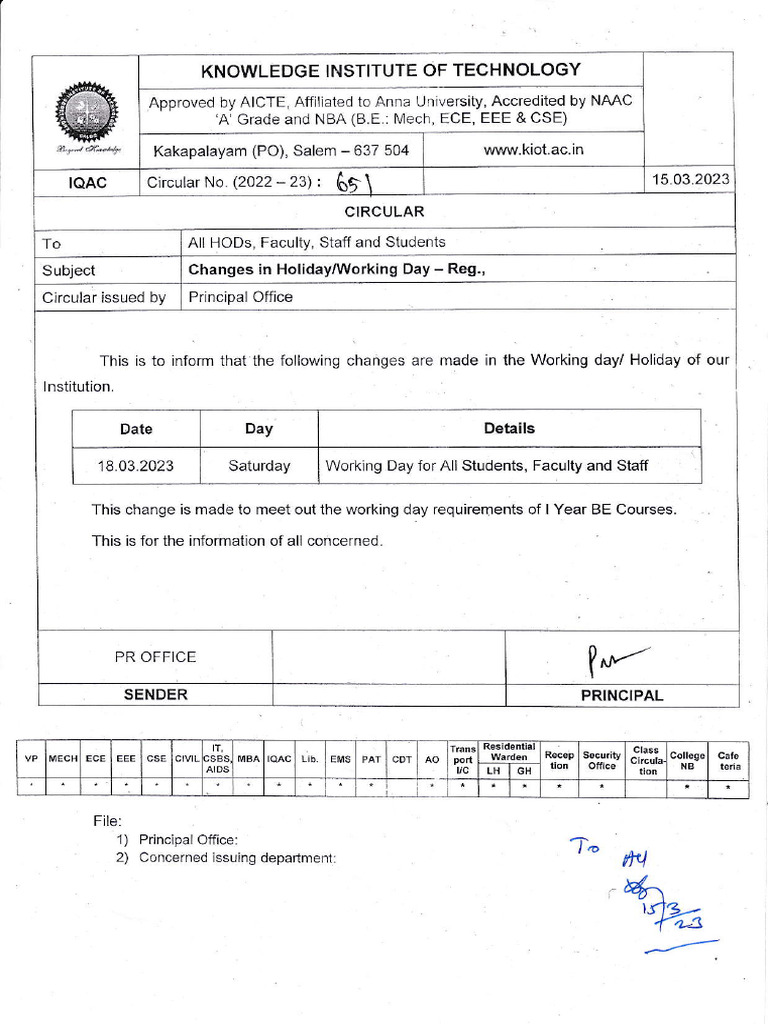 15.03.23 - 651 - Changes in Holidays - 18.03.23 Working Day | PDF