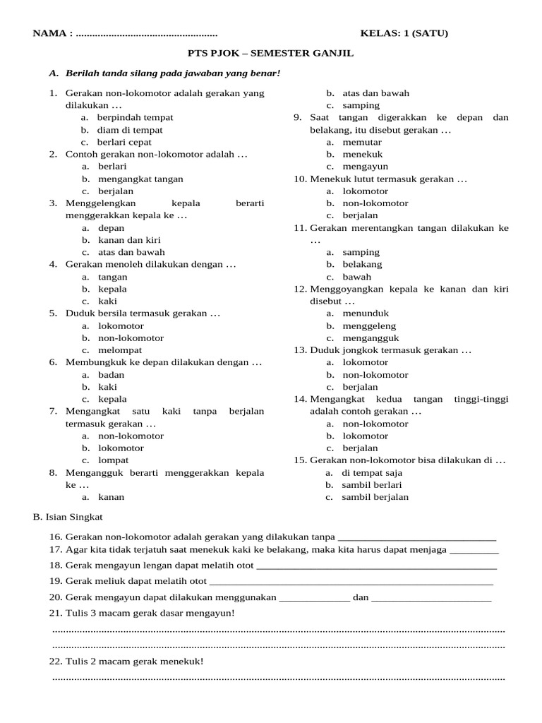 Pts Pjok Kls 1 SMT 1 Materi Nonlokomotor | PDF