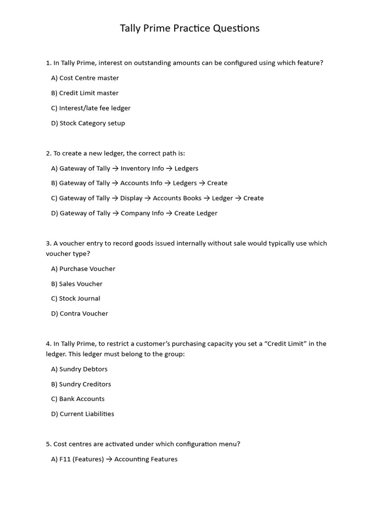Tally Prime Practice Questions | PDF | Debits And Credits | Credit