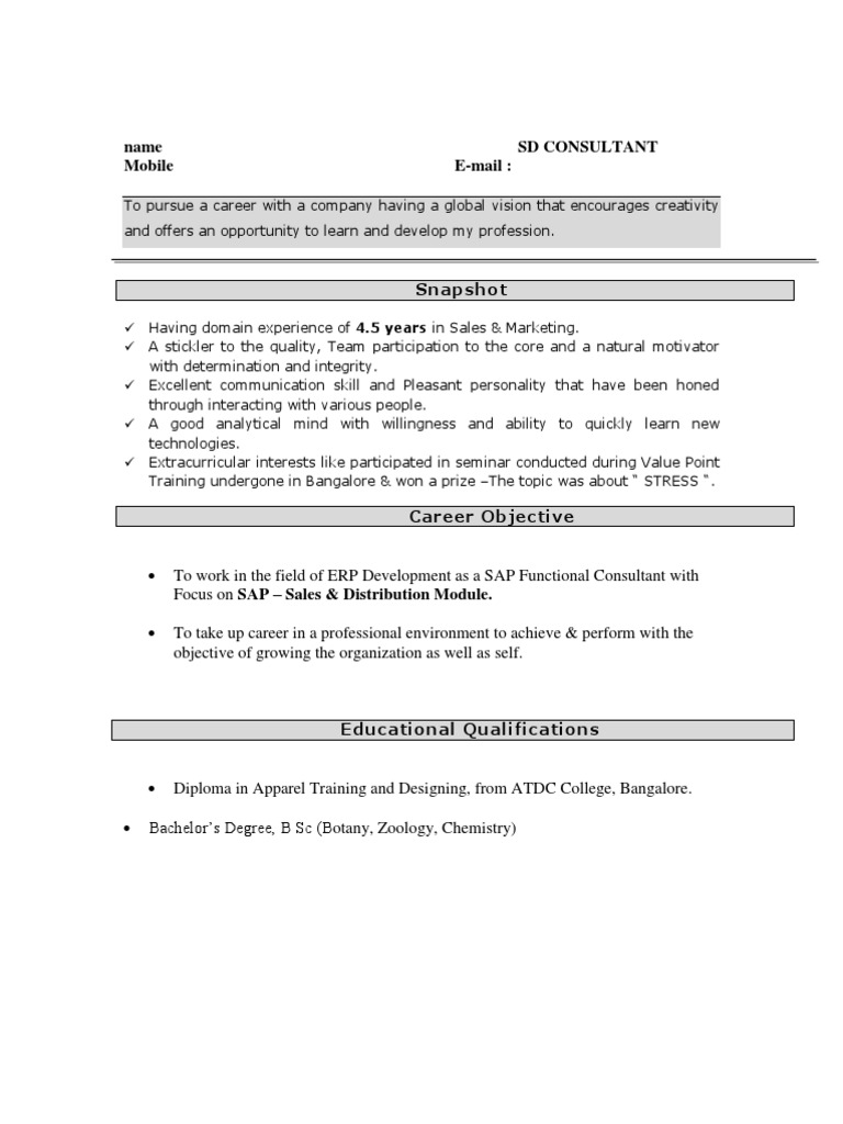 Sap Fresher Resume | Sales | Invoice