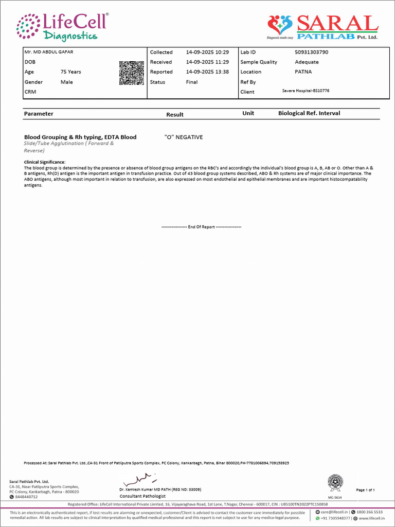 Blood Grouping & Rh Typing Report | PDF