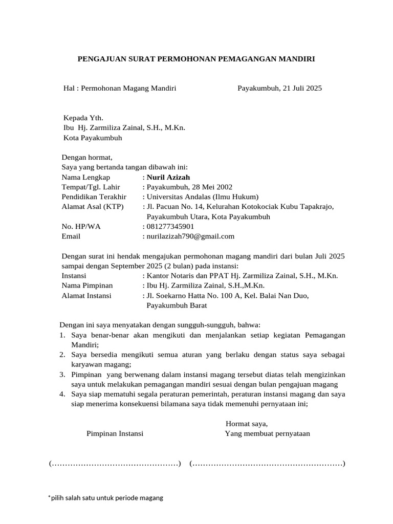 Formulir Permohonan Magang Mandiri 1 | PDF