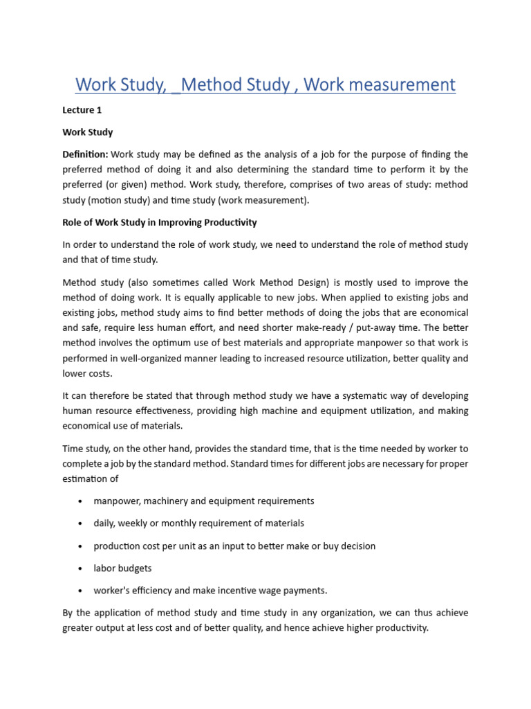 Work Study, Method Study and Work Measurement | PDF | Piece Work ...