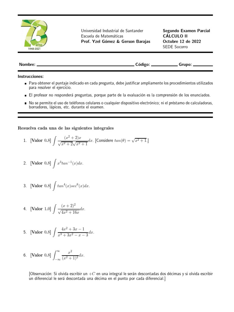 Segundo Examen Parcial C Alculo Ii Octubre 12 de 2022: Resuelva Cada ...