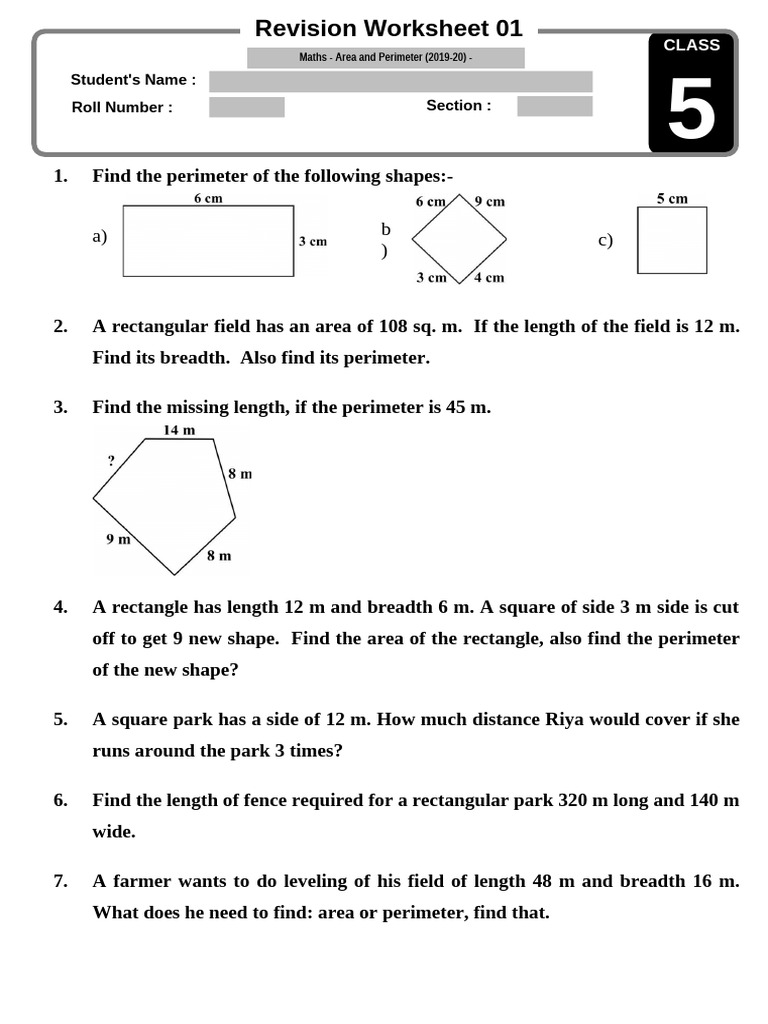 Revision Worksheet 01 Area and Perimeter 2 | PDF | Length | Area