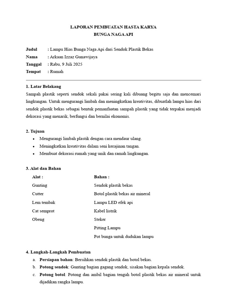 Laporan Pembuatan Hasta Karya Lampu Bunga Naga API | PDF