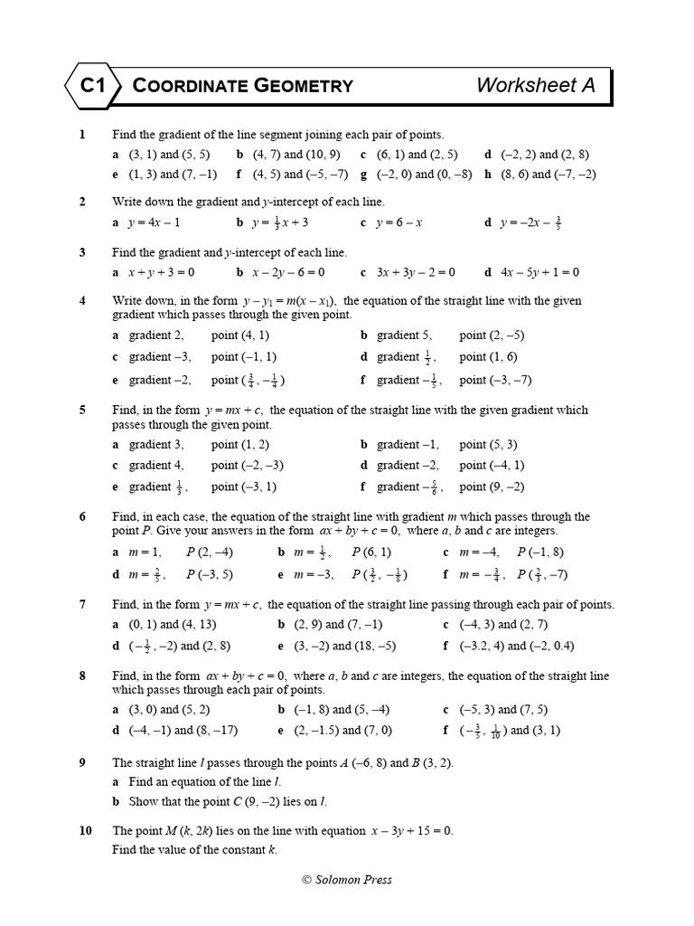 C1 Coordinate Geometry Worksheet A Answers | PDF | Line (Geometry) | Circle