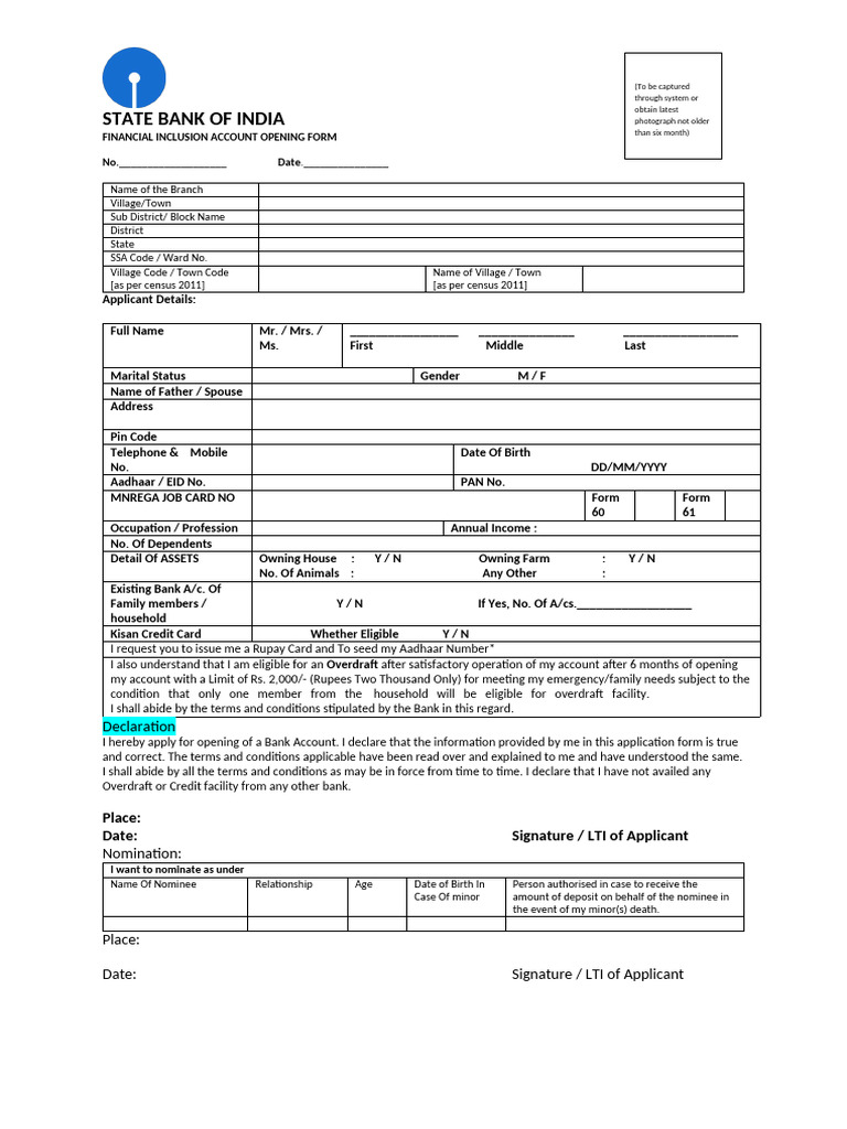SBI Financial Inclusion Account Form | PDF