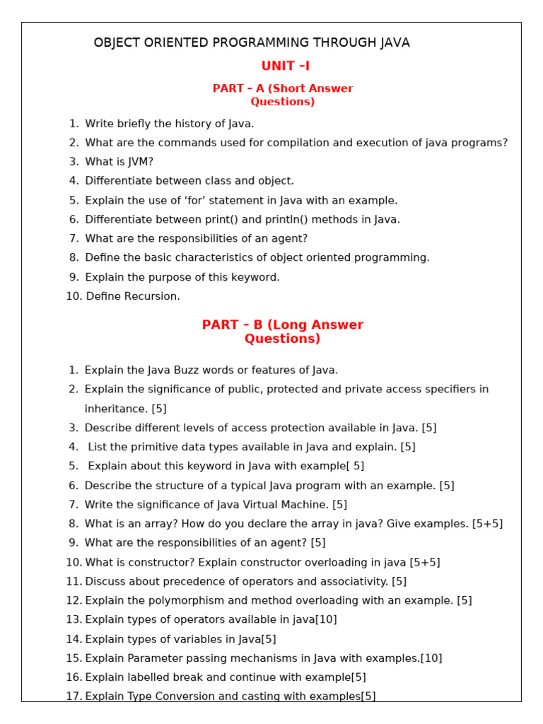 Oops Unit 1 Important Questions | PDF