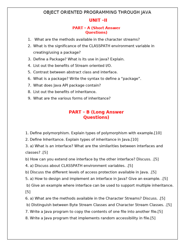 Oops Unit 2 Important Questions | PDF