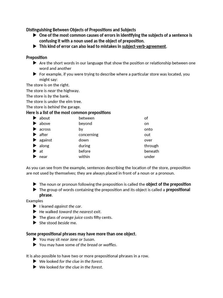 Distinguishing Between Objects of Prepositions and Subjects | PDF ...