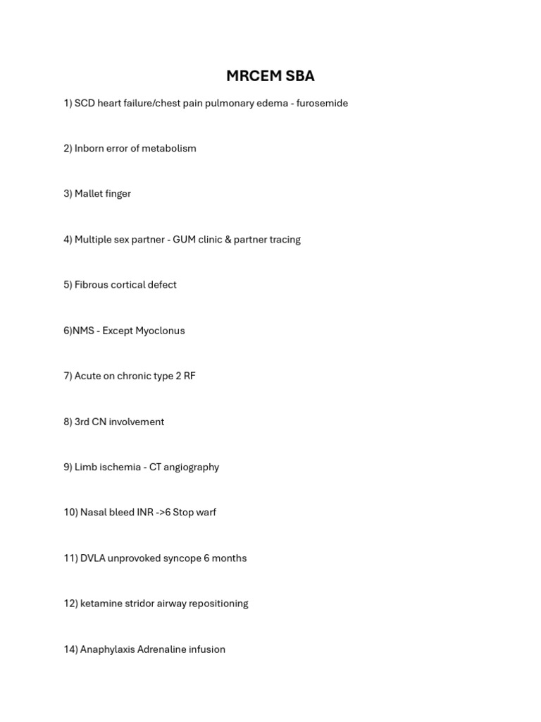 MRCEM SBA Exam Topics Overview | PDF | Medical Specialties | Diseases ...