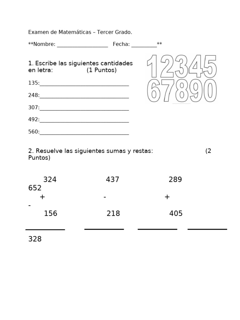 Examen de Matemáticas 3er Grado | PDF