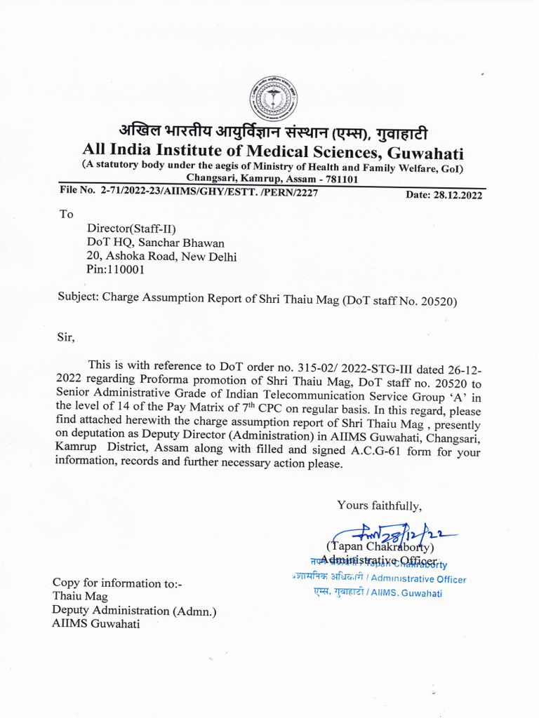 Charge Assumption Report of Shri Thaiu Mag (DoT Staff No. 20520) | PDF