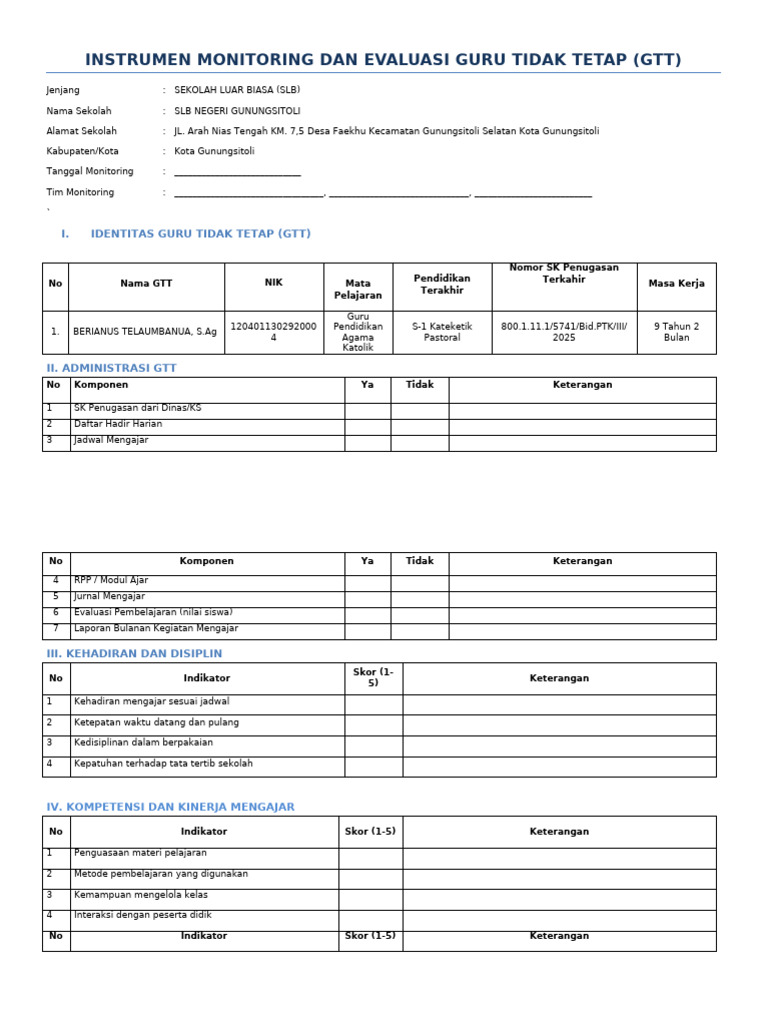 Berianus Telaumbanua Instrumen Monev GTT SLB | PDF
