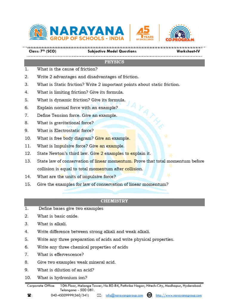 7th Grade Subjective Model Questions | PDF | Force | Acid