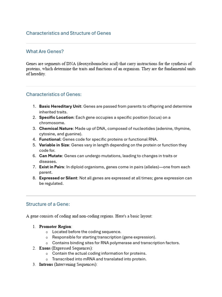 Structure and Characteristics of Genes | PDF