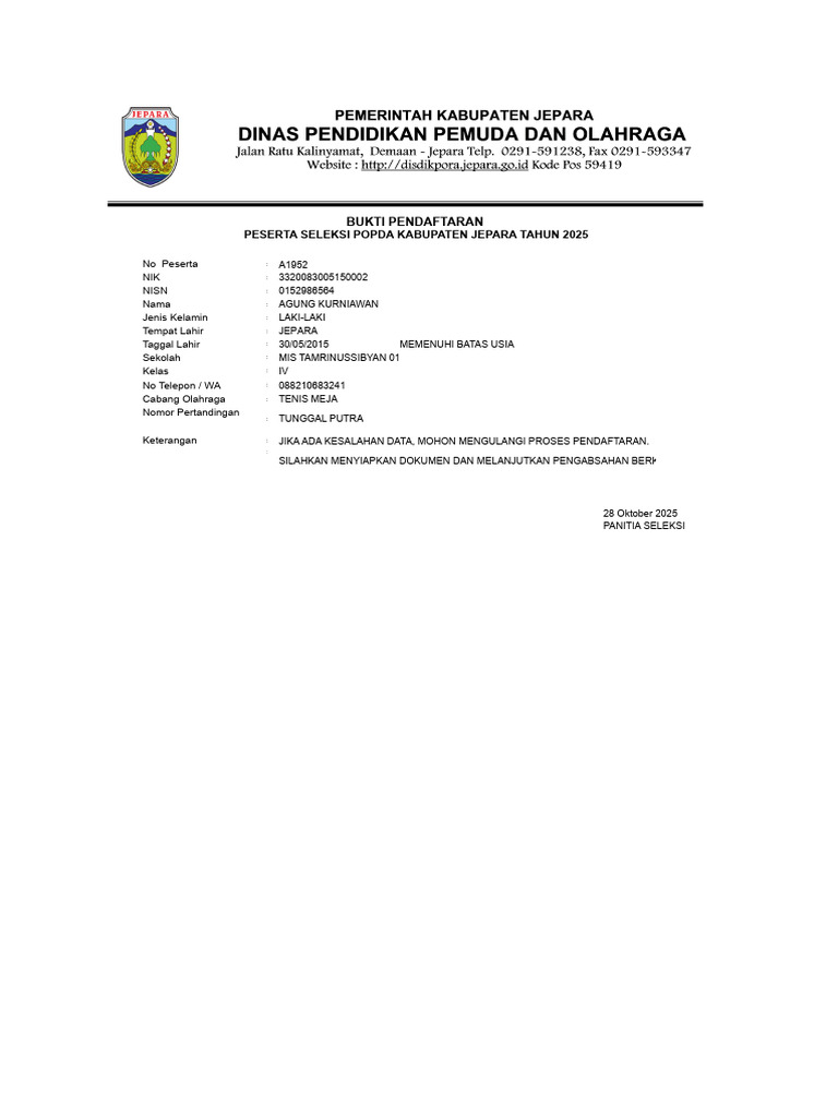 Pendaftaran Peserta POPDA Jepara 2025 | PDF