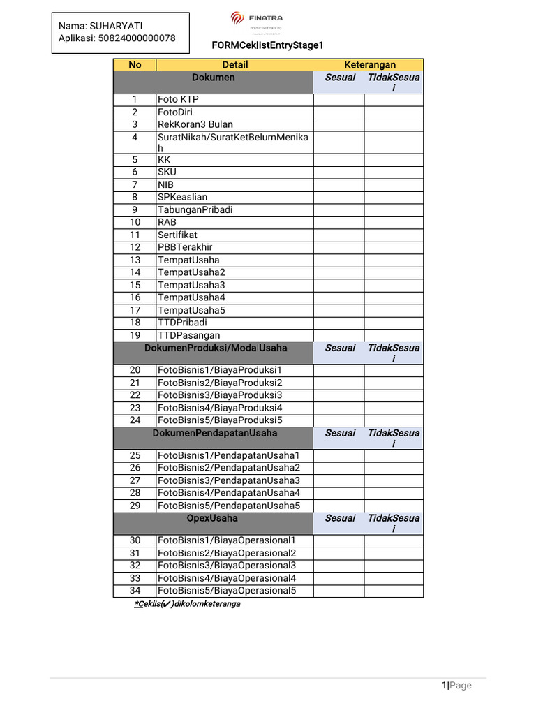 Form Ceklist Stage 1 Suharyati | PDF
