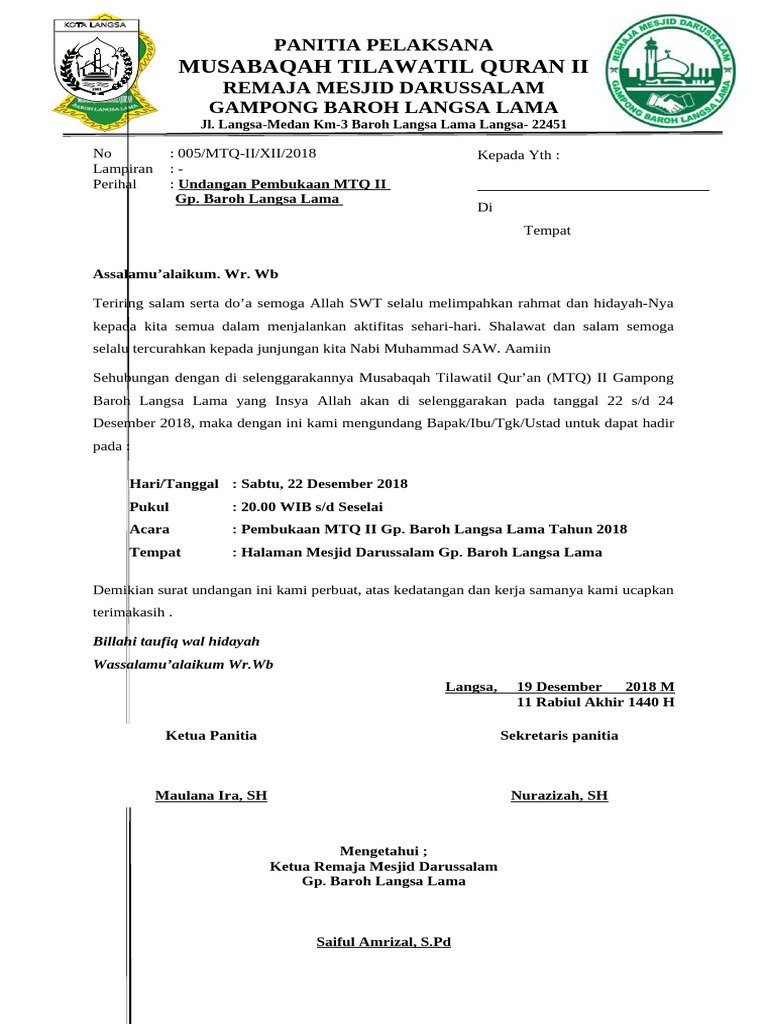 Undangan Pembukaan MTQ II Baroh Langsa | PDF