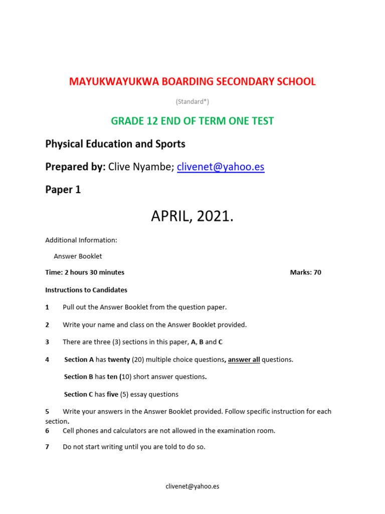 Grade 12 PE End of Term Test 2021 | PDF | Force | Muscle Contraction