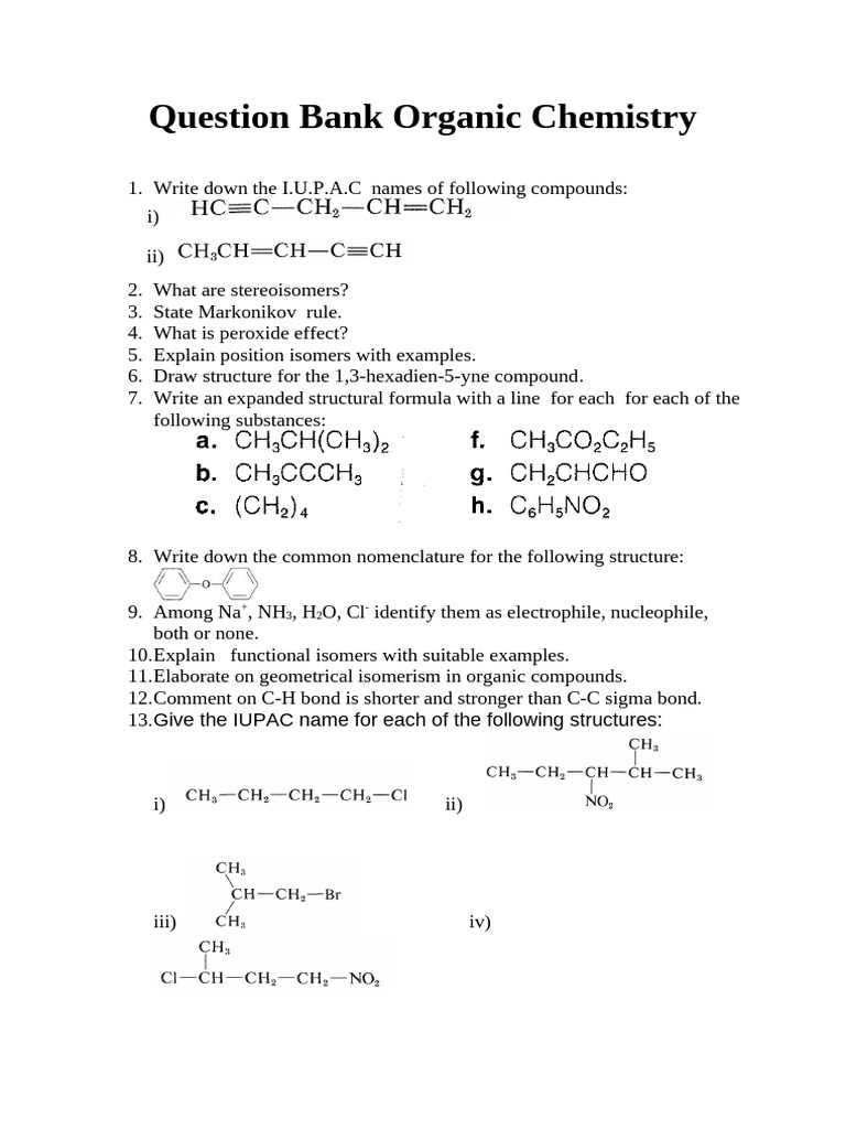 Question Bank Organic Chemistry Unit 1 & Unit 2 | PDF