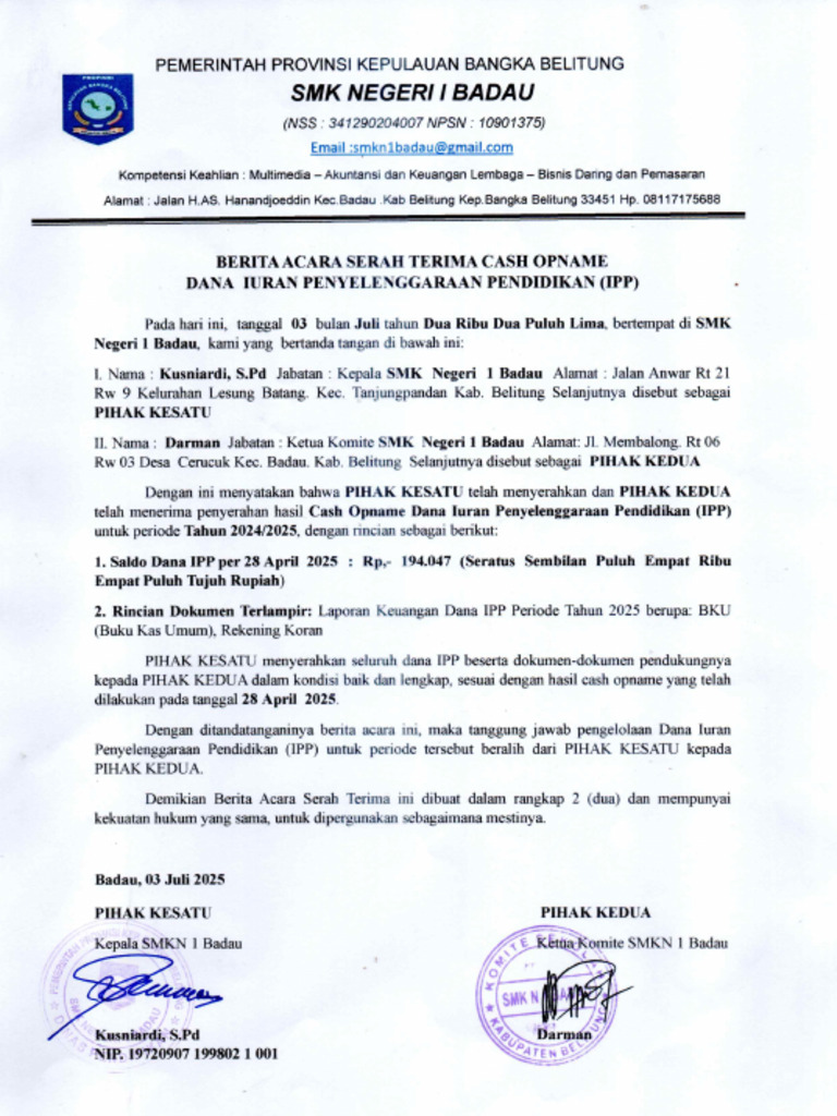 Berita Acara Serah Terima Stock Opname Ipp | PDF