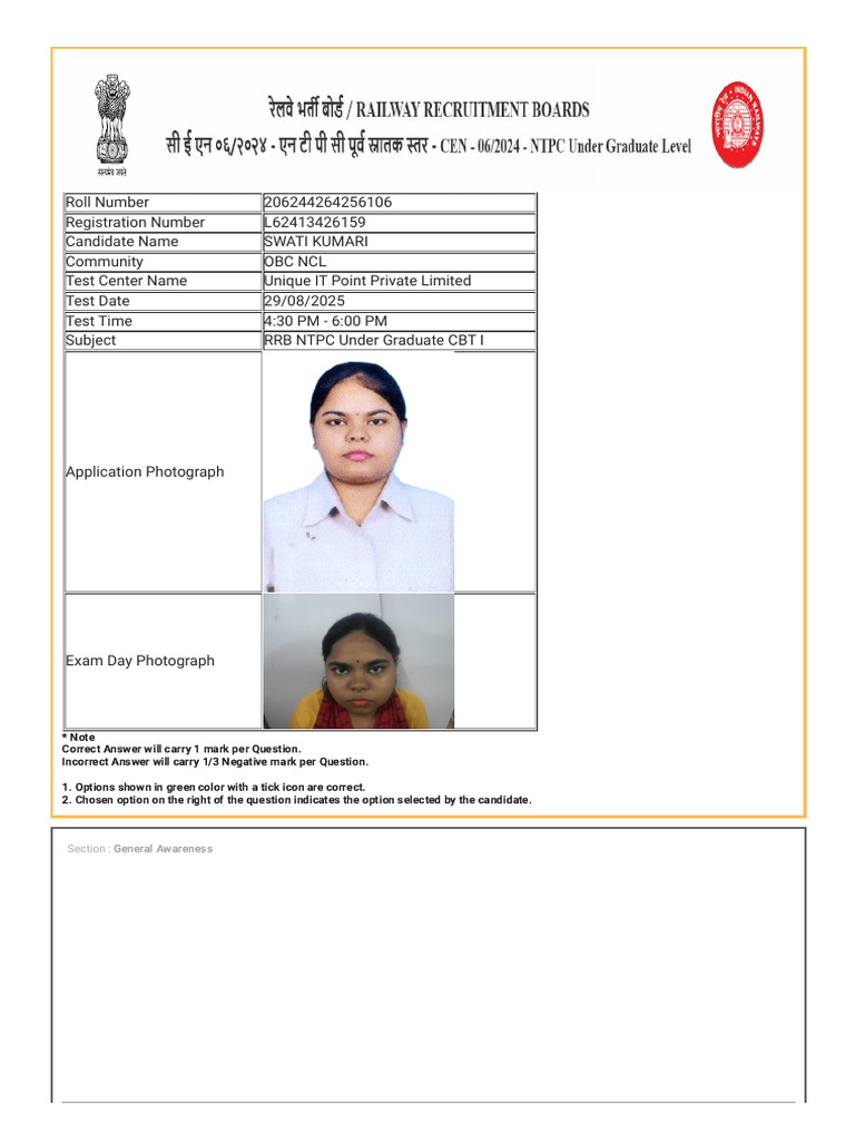 NTPC Inter Level Answer Key | PDF
