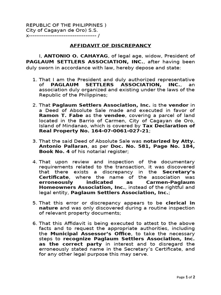 Affidavit of Discrepancy-CAHAYAG | PDF | Affidavit | Notary Public