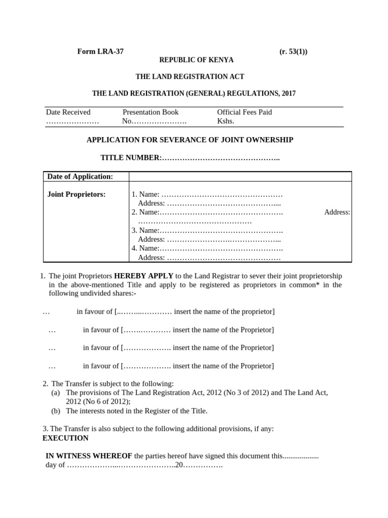 Application for Severance of Joint Ownership | PDF | Government And ...