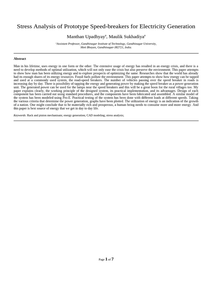 Stress Analysis of Prototype Speed-Breakers For Electricity Generation ...