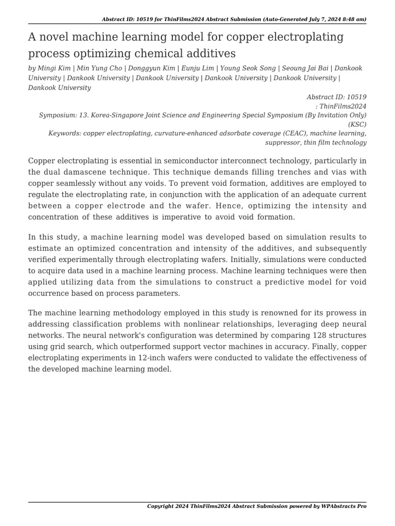 A Novel Machine Learning Model For Copper Electroplating Process Optimizing Chemical Additives ...