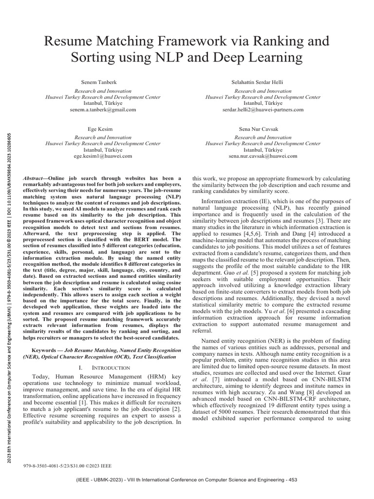 Resume Matching Framework Via Ranking and Sorting Using NLP and Deep ...